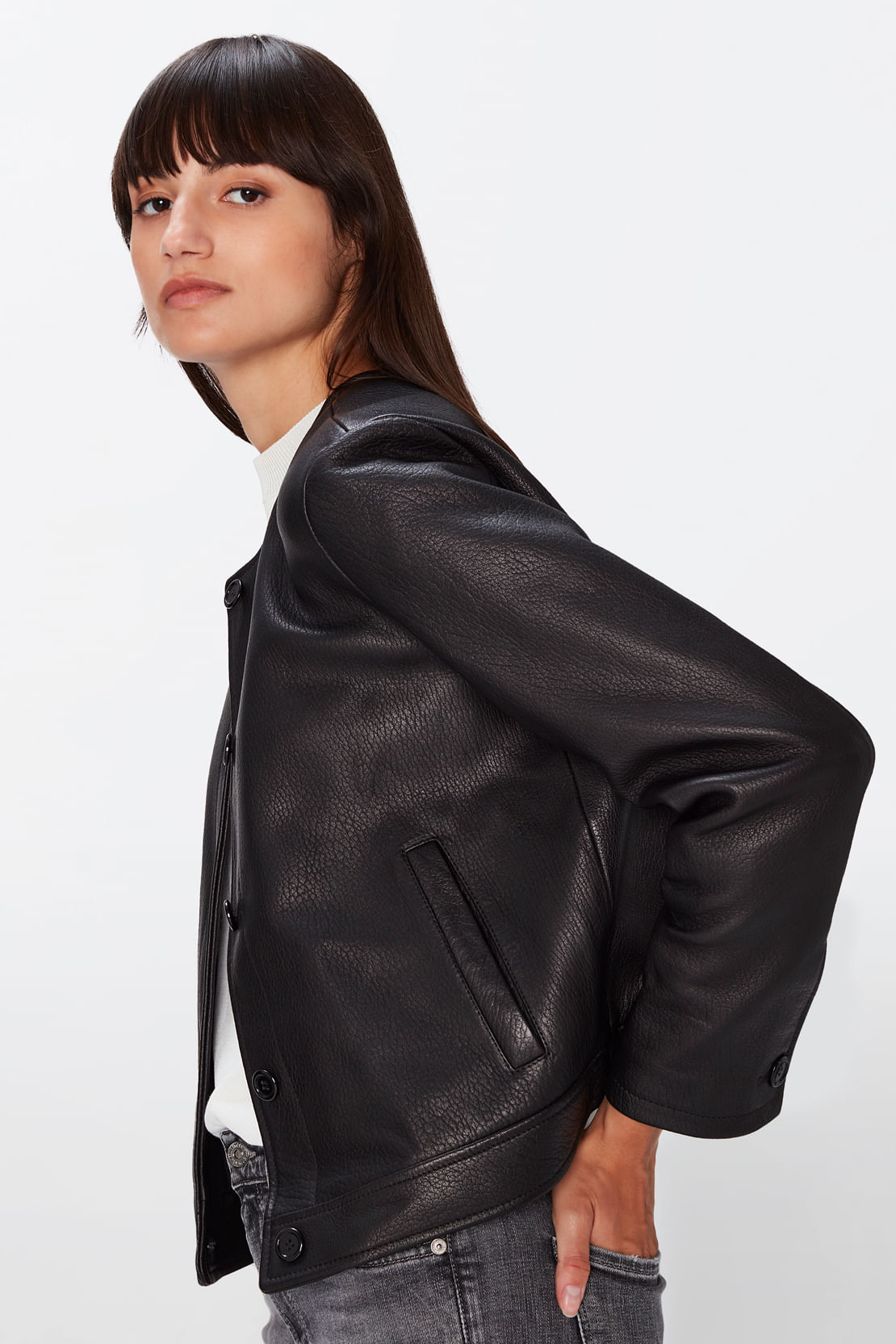 LEATHER COLLARLESS JACKET LEATHER BLACK